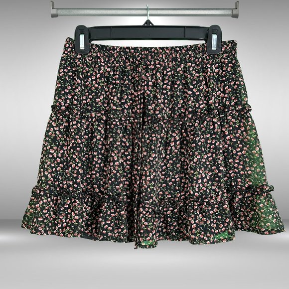Sienna Sky | Skirts | Sienna Sky Black Floral Chiffon Tiered Ruffle Flare Elastic Tie Waist Mini ...